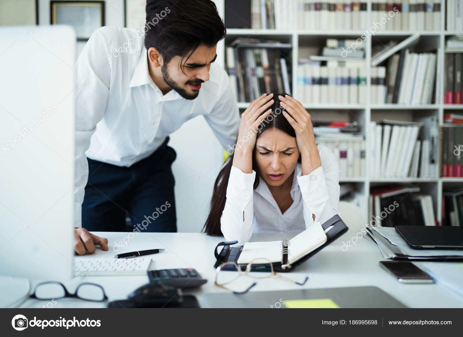 Angry Irritated Boss Reprimanding Employee Afraid Fired Accusing ...