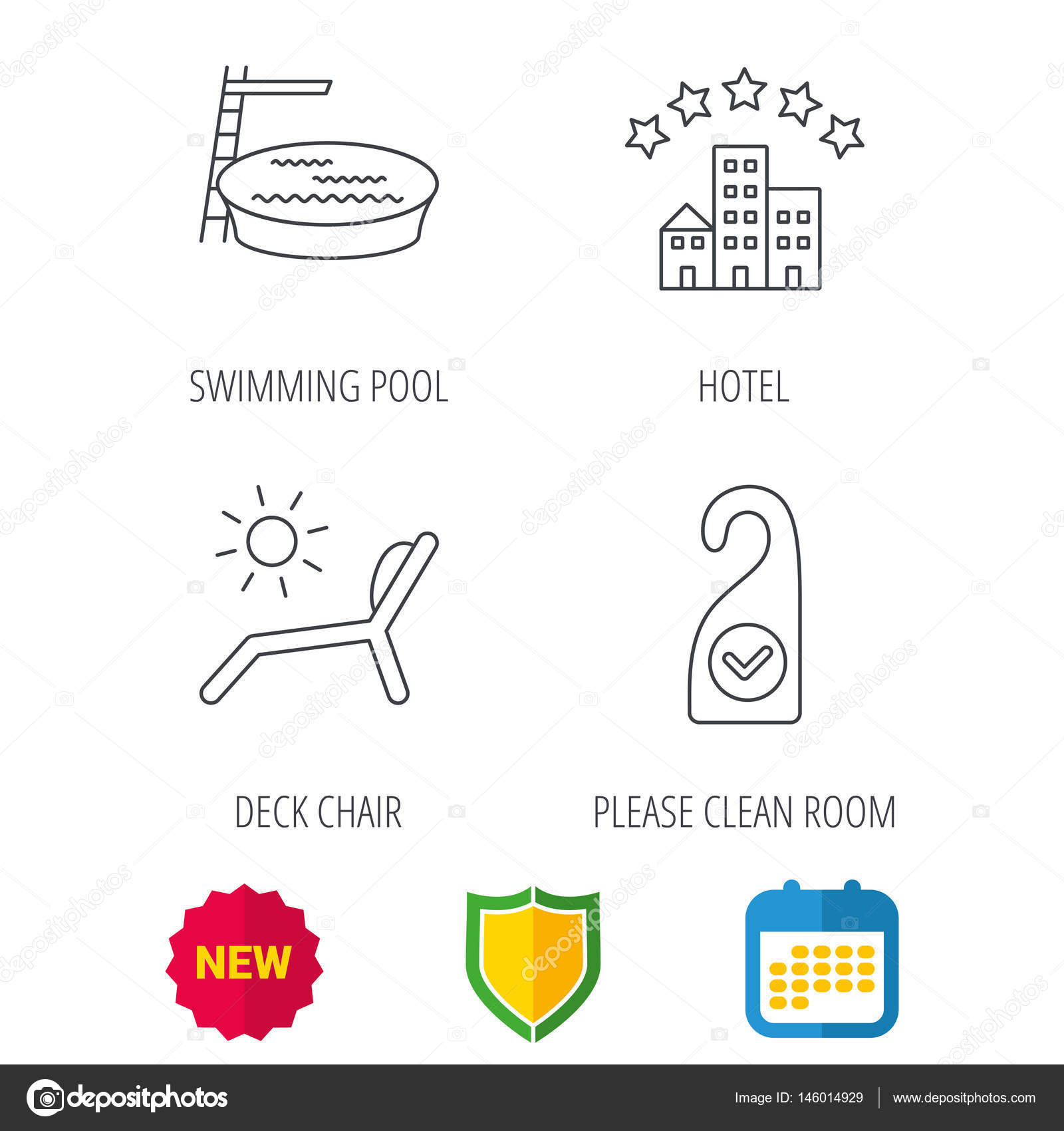 Hotel, swimming pool and beach deck chair icons. Stock Vector Image by ...