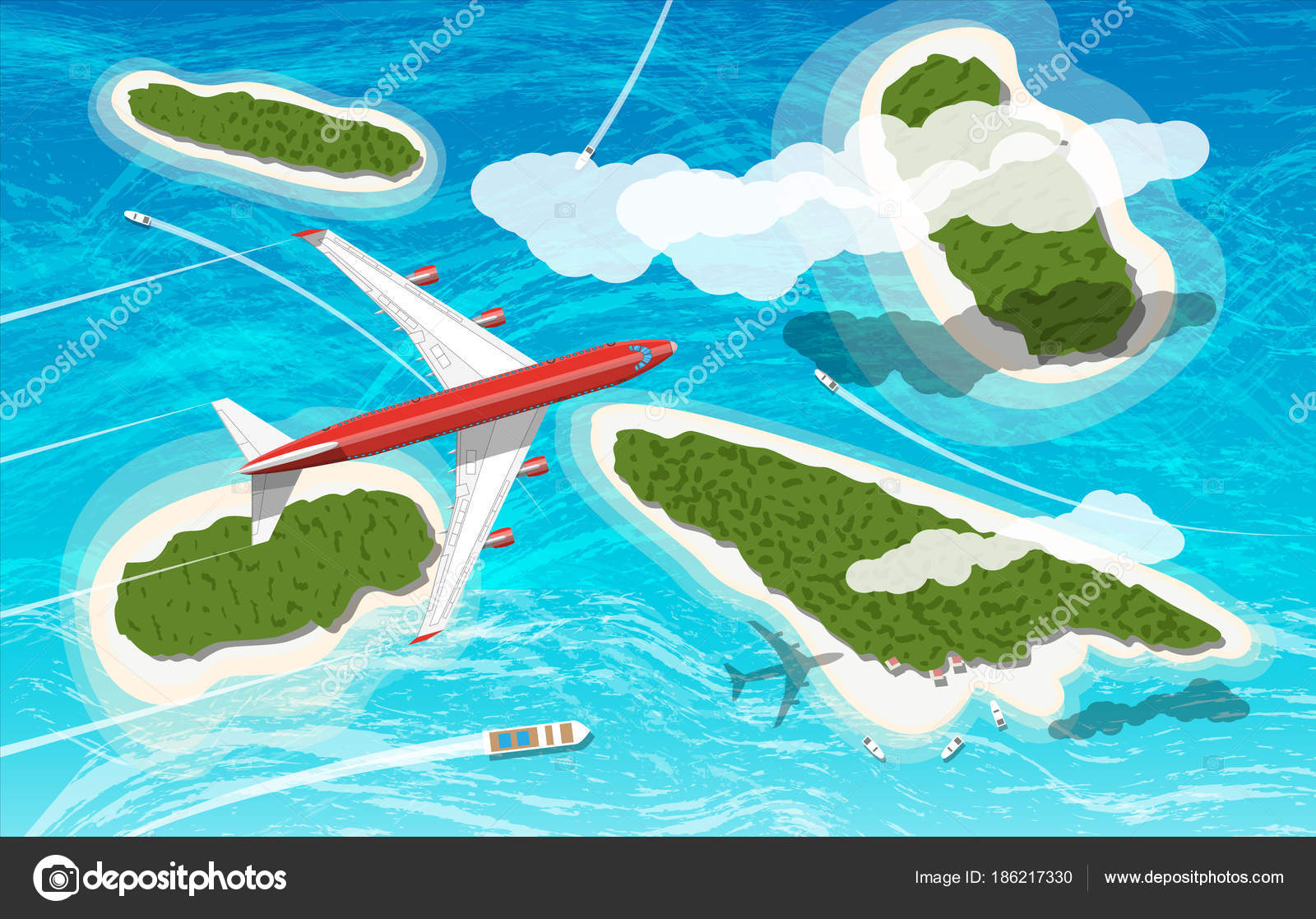 Airplane flies above few tropical islands Stock Vector Image by ...