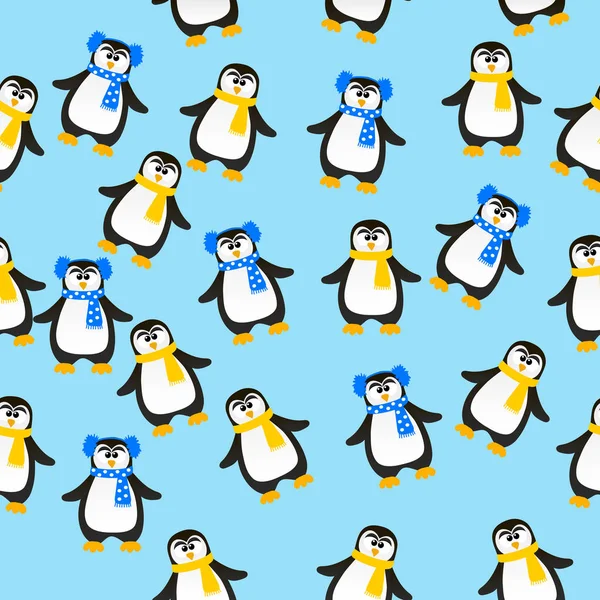 Cartoon penguin on blue background with snowflakes, vector seamless ...