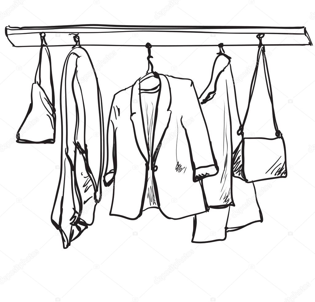 Hand drawn illustration with fashionable clothes on hangers on white ...