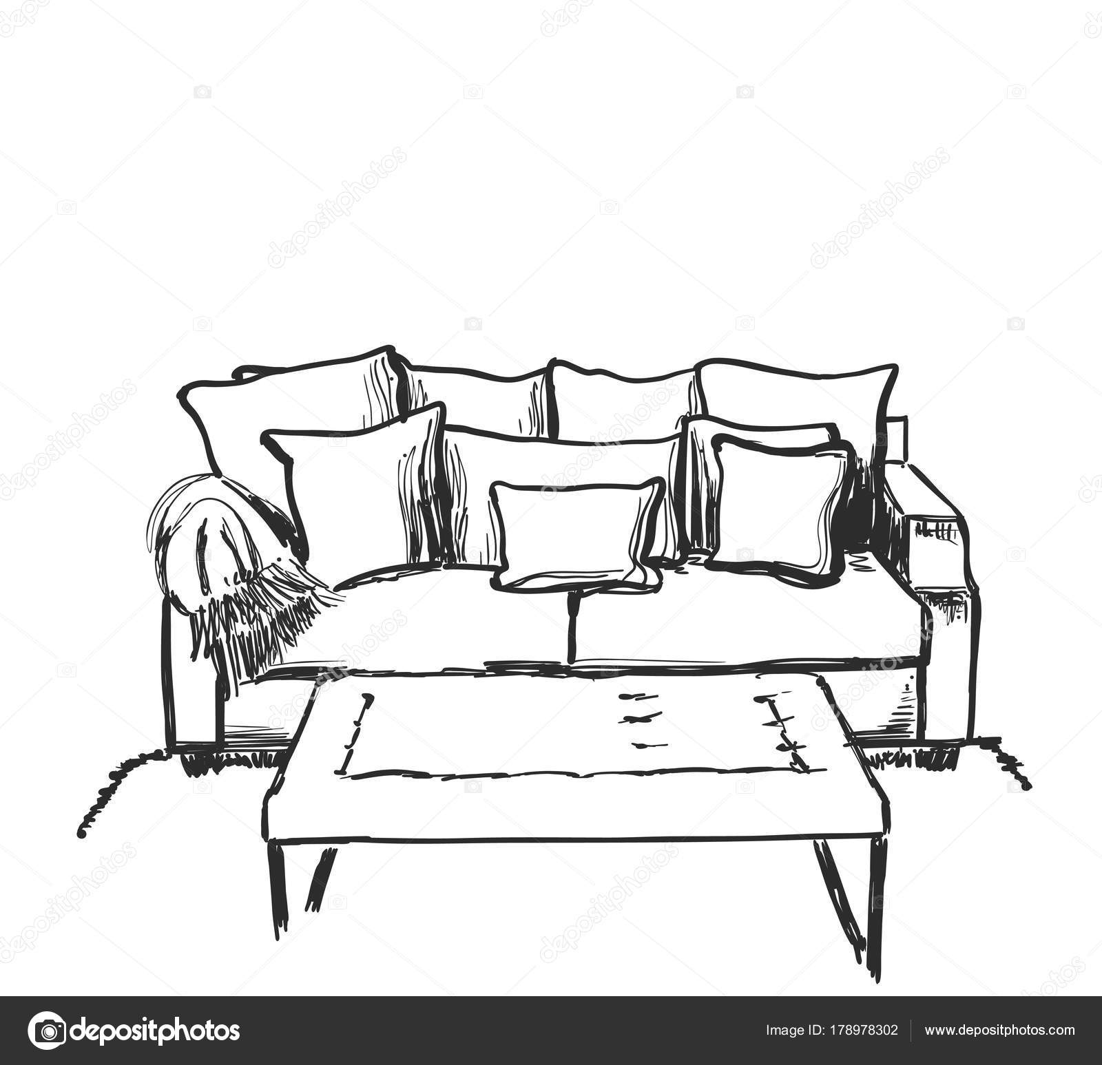 Sofa and table on white background. Vector illustration in a sketch ...