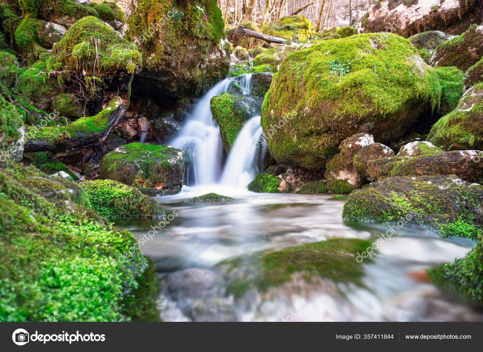 Mountain Alpine River Forest Waterfall Moss Long Exposure Photo — Stock ...