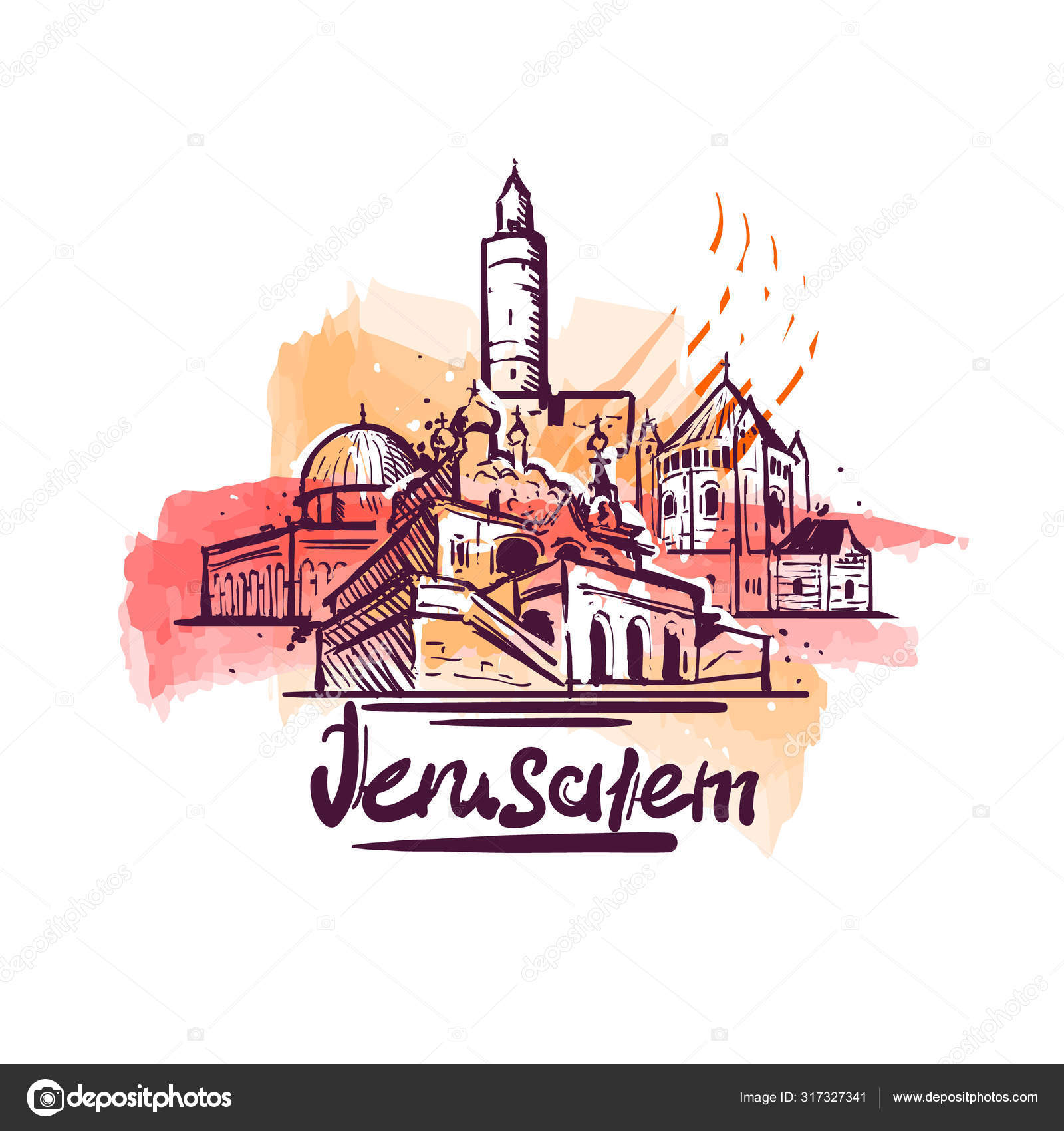 Jerusalem abstract art color drawing. Jerusalem sketch vector ...