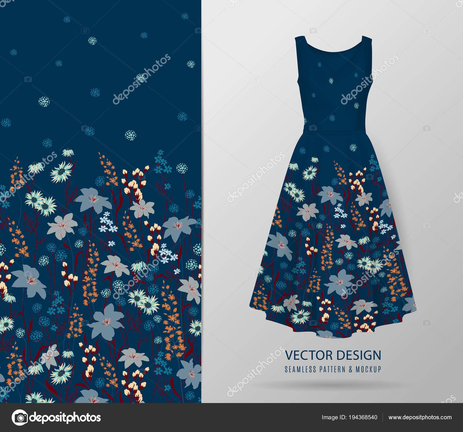 Hand drawn Floral pattern on dress mockup. Seamless vector texture ...
