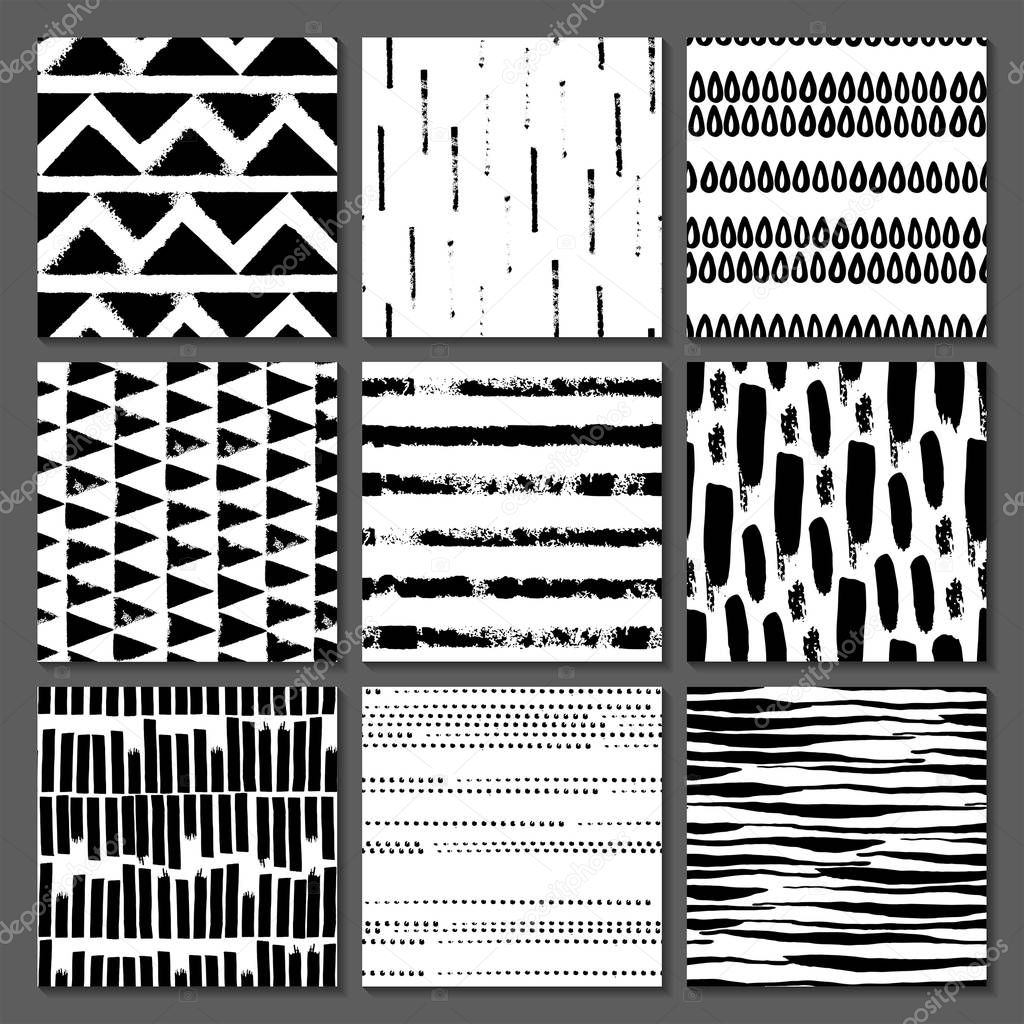 Set de 9 texturas sin costuras. Gotas, puntos, líneas, rayas, círculos ...