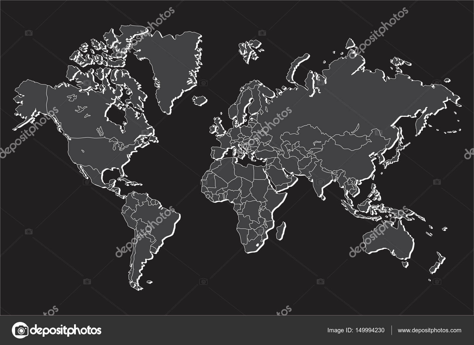 Political world map with shadow isolated on gray background, vector ...
