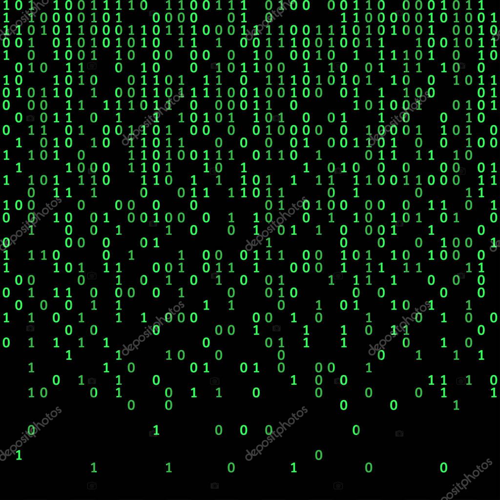 Binary code green and dark background, digits on screen. Algorithm binary, data code, decryption ...