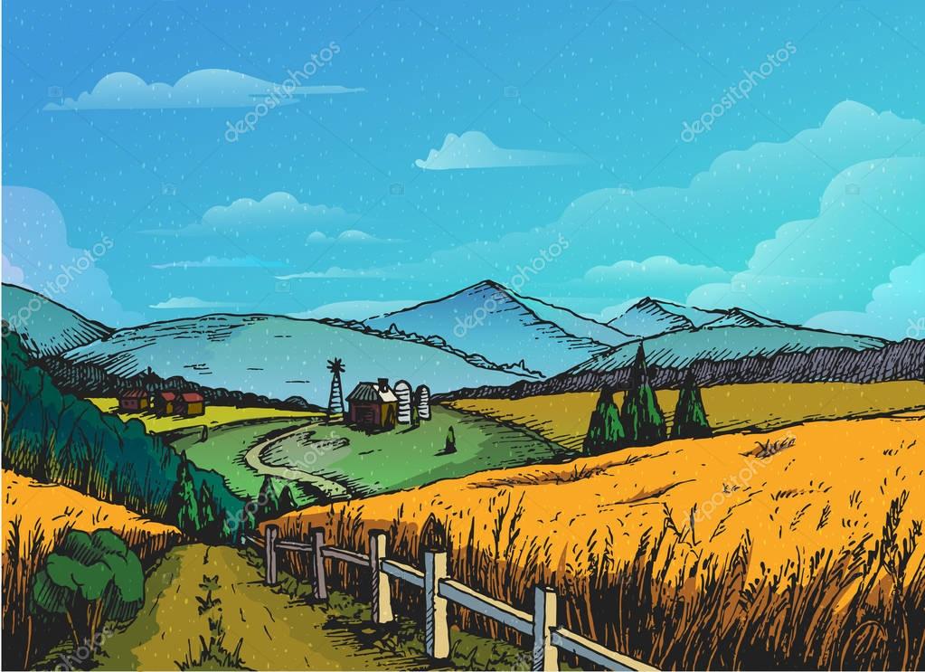 Paisaje rural en estilo gráfico, Dibujado a mano y convertido en vector ...