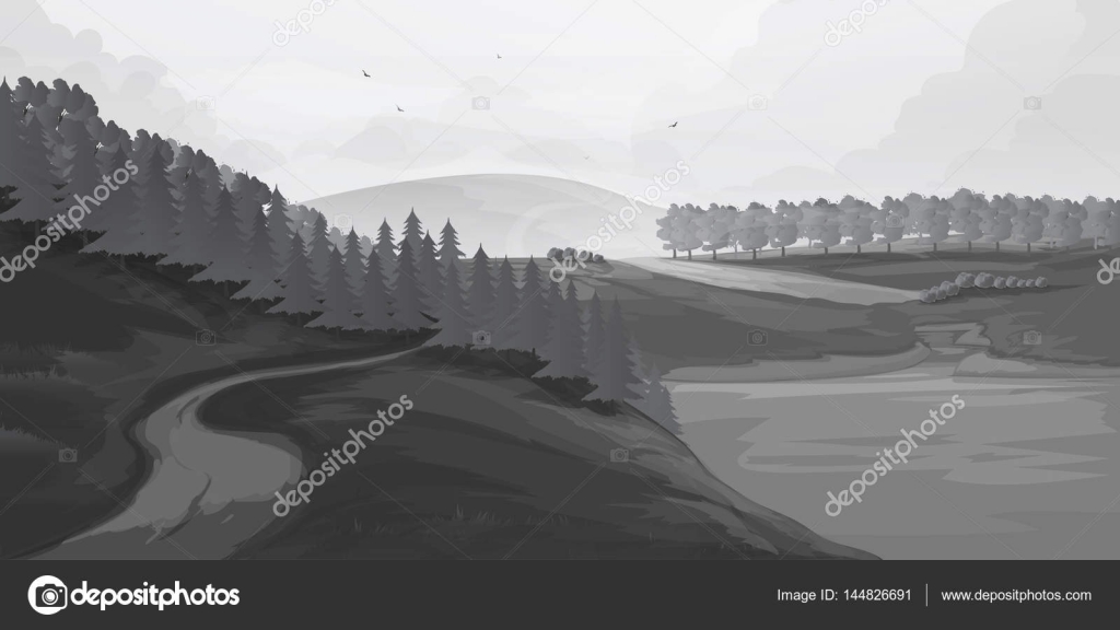 Retro rural landscapes. Set in rural landscapes painted black lines ...