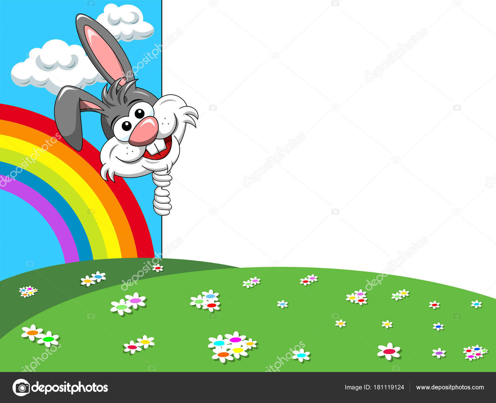 Personaje de dibujos animados conejo mirando detrás de cartel en blanco ...