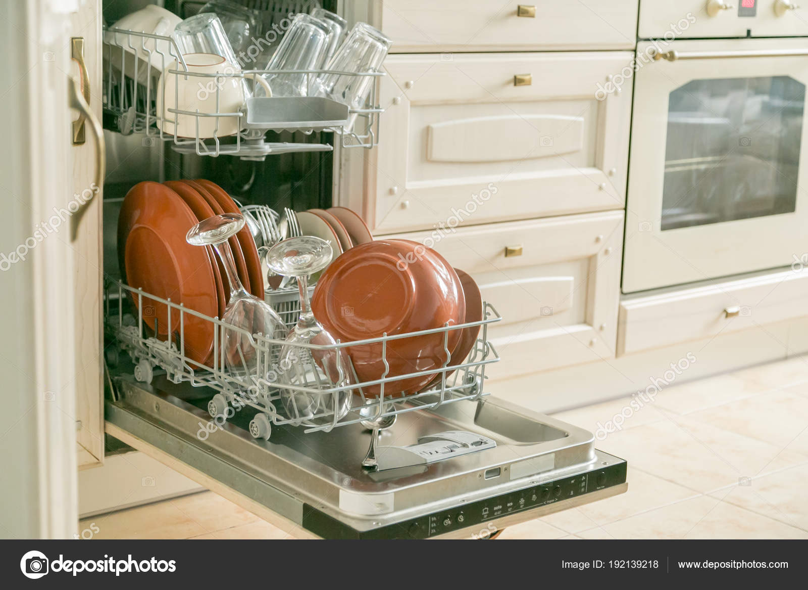 Dishwasher full with clean dishes in kitchen background Stock Photo by ...