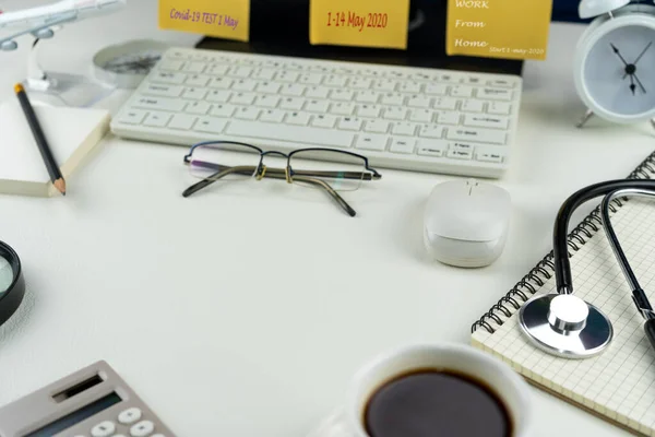 Home workplace with Desktop computer and business objects, Work from ...