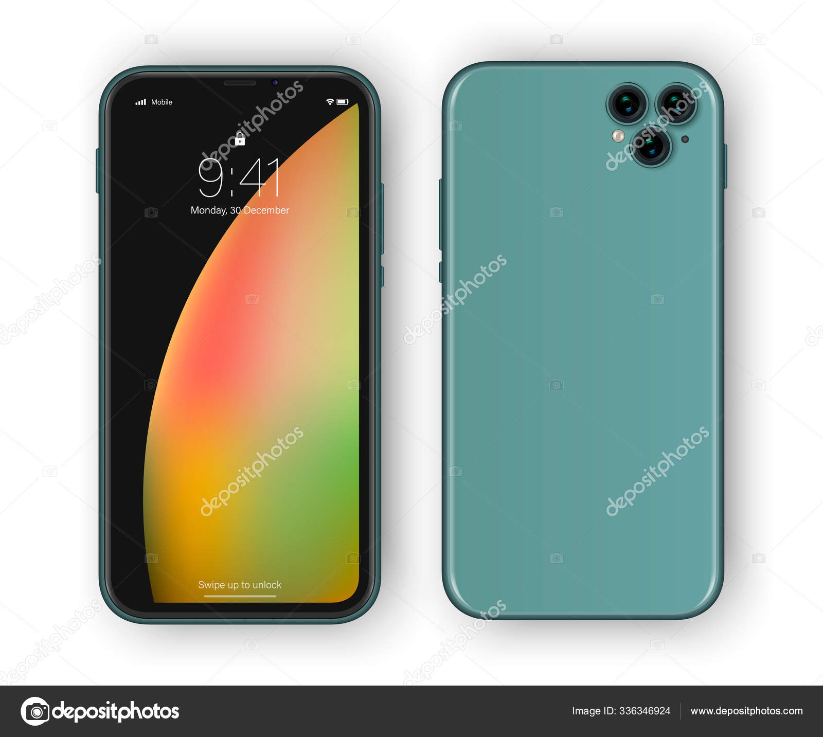 Back and front view of phone. Triple camera on the back side of the ...
