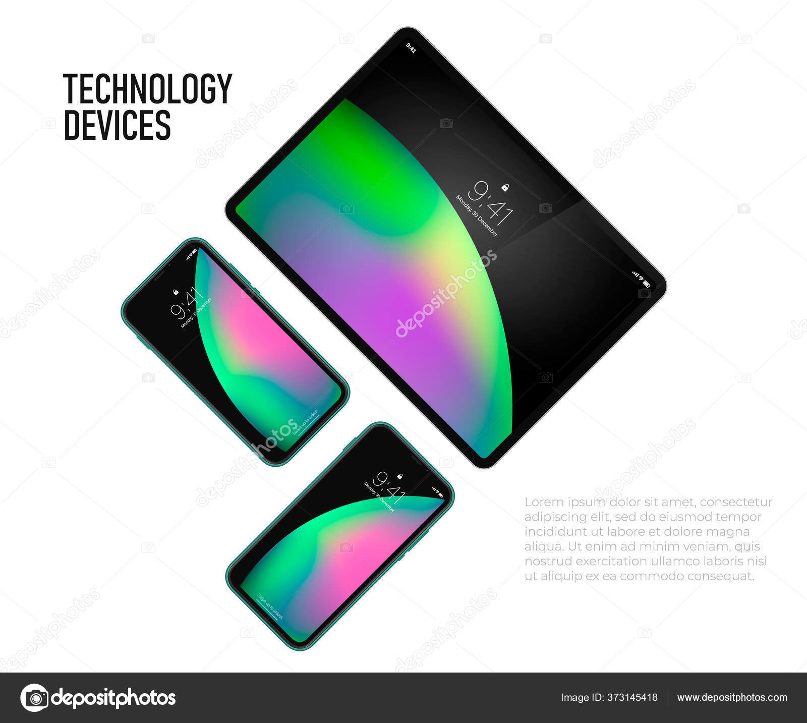Vector realistic 3d tablet and smartphone top view isolated on white ...