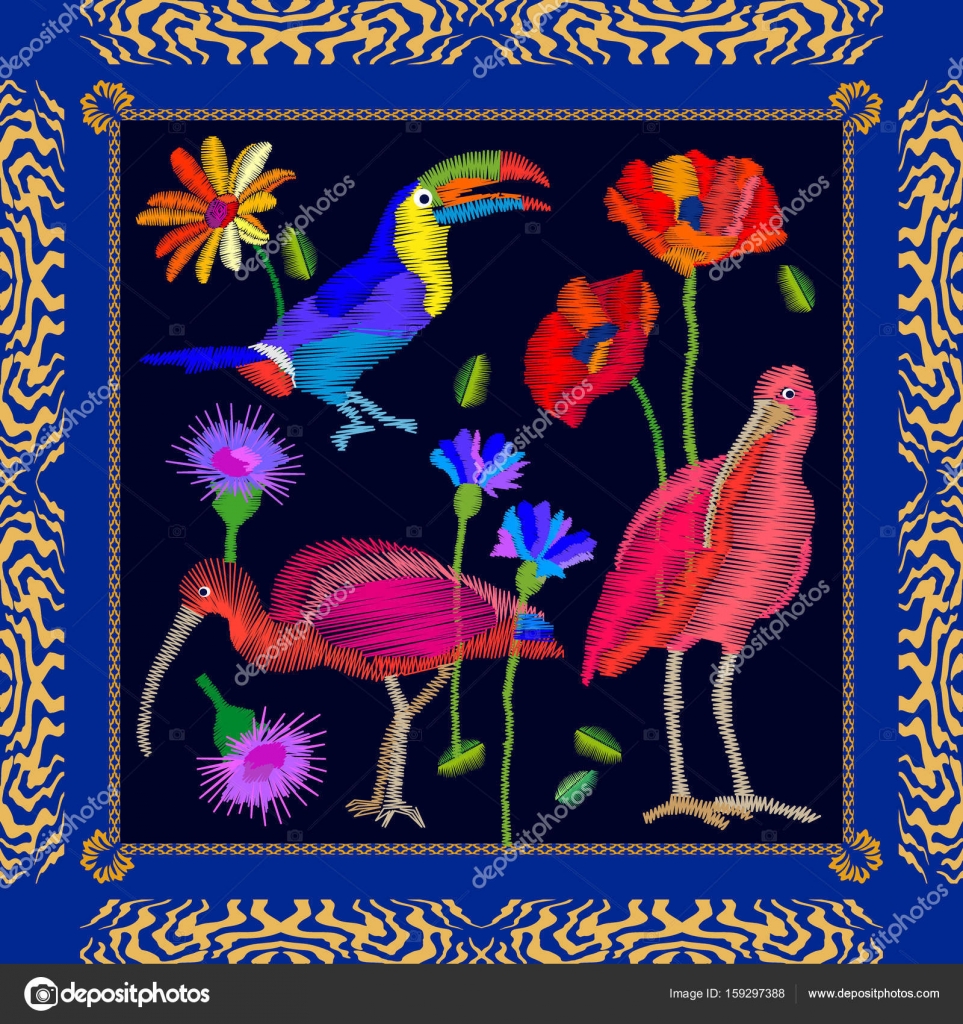Amazonian birds embroidery. Stock Vector by ©SvetlanaKononova 159297388