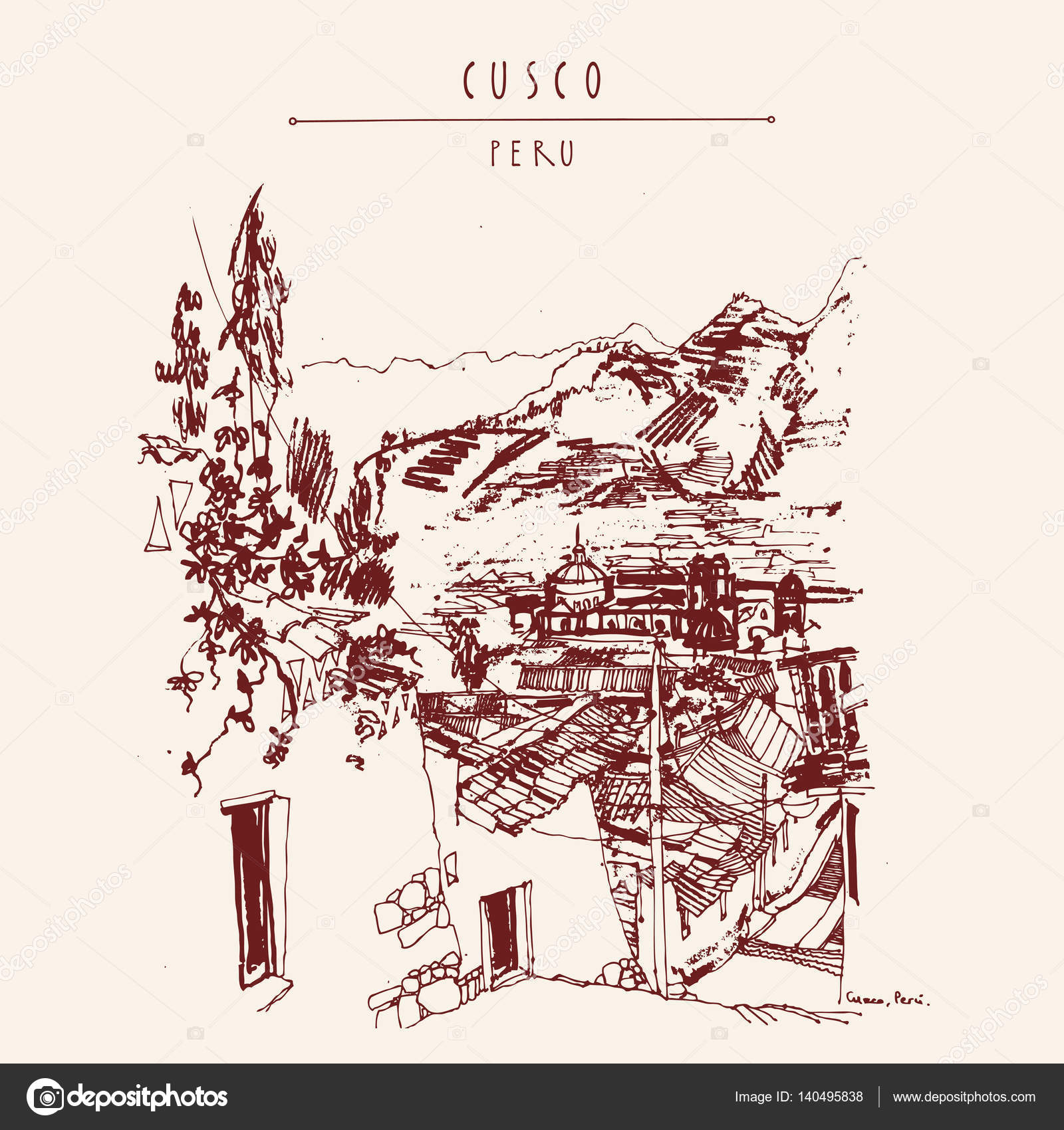 Postcard with Cusco, Peru Stock Illustration by ©babayuka #140495838