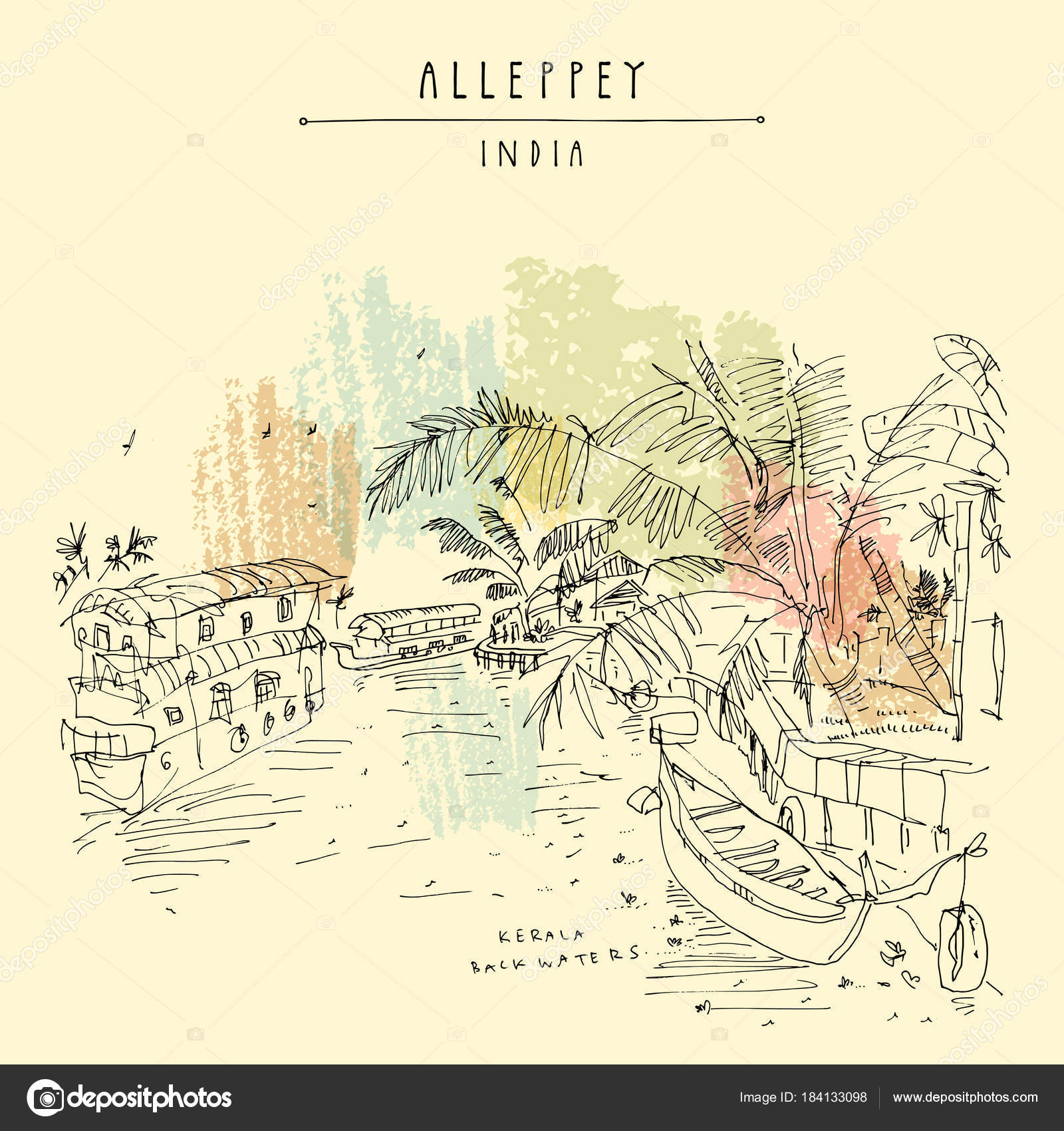 Alleppey Backwaters Kerala South India Artistic Travel Sketch Boats ...