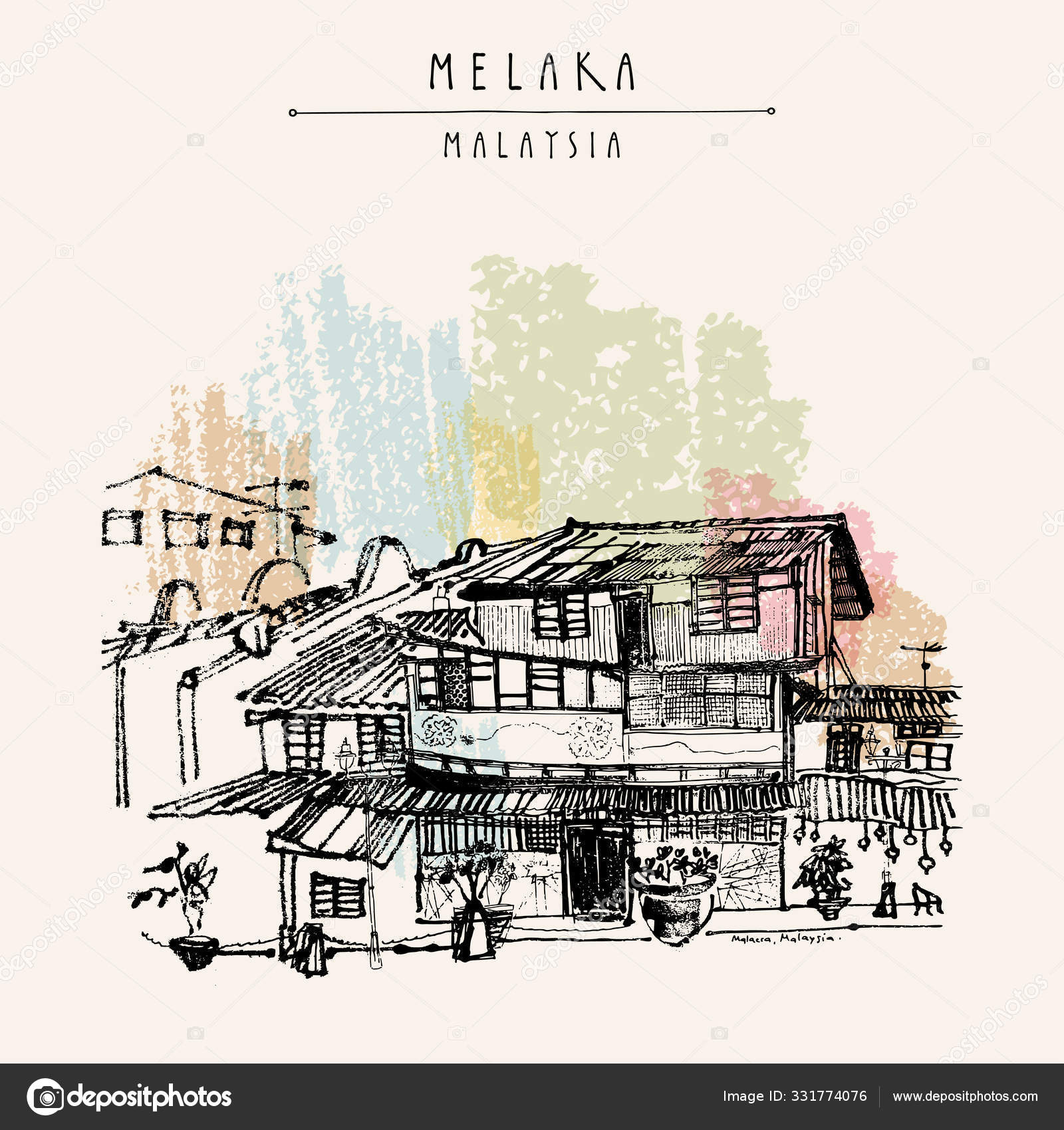 Old Historical Houses River Melaka Malaysia Travel Sketch Vintage ...