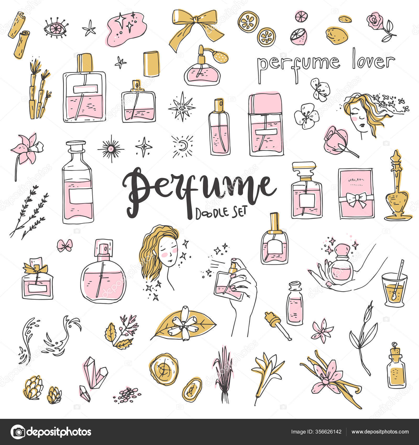 Perfume Doodle Set Bottles Ingredients Decorative Elements Simple Cute ...