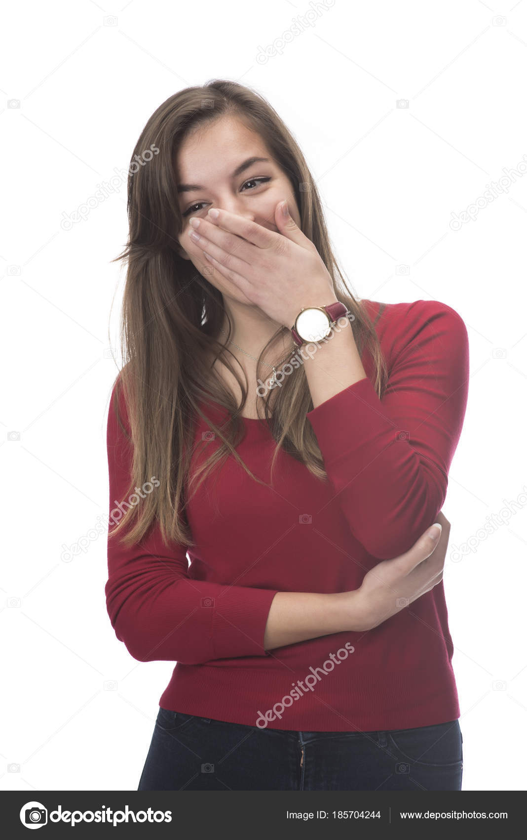 Embarrassed Young Woman Laughs Stock Photo by ©bobanphotomkd 185704244
