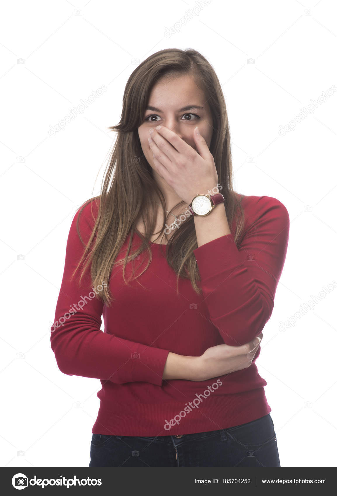 Embarrassed Young Woman Laughs Stock Photo by ©bobanphotomkd 185704252