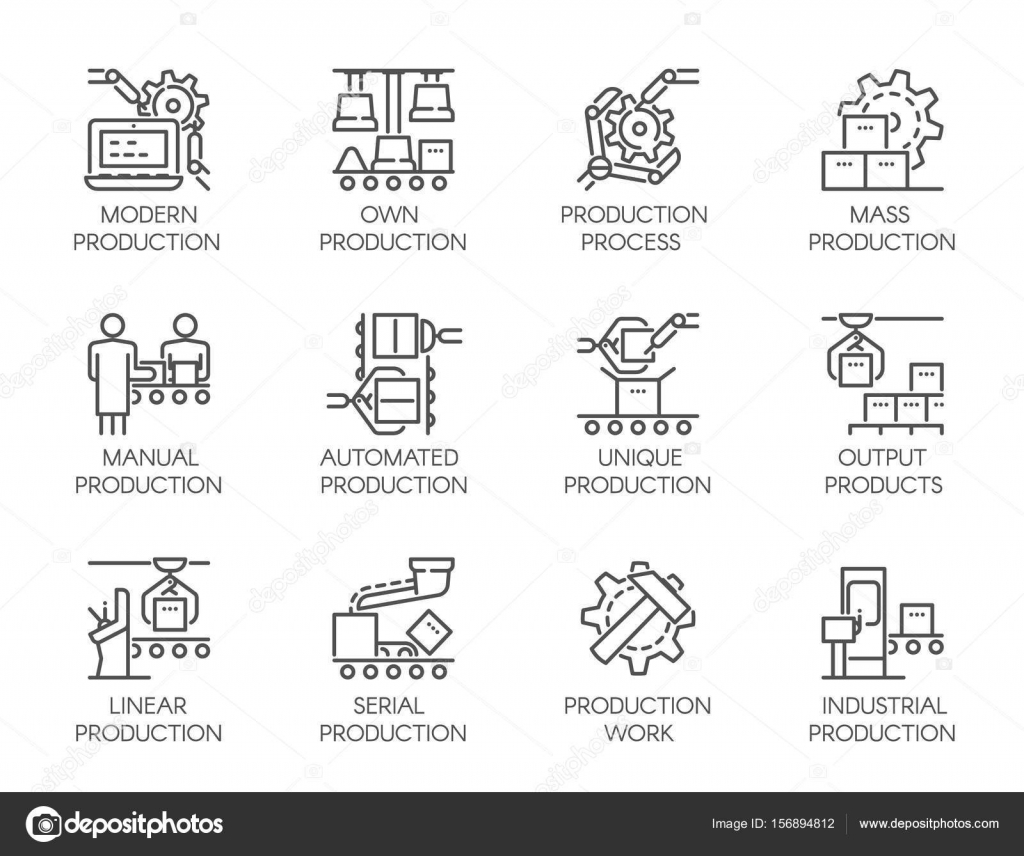 Big set of icons of automatic and manual production. 20 mono linear web ...