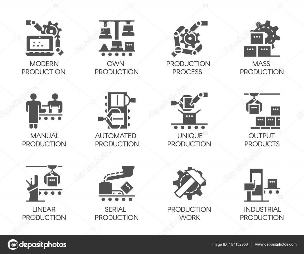 Gran conjunto de iconos en estilo plano de producción automática y ...