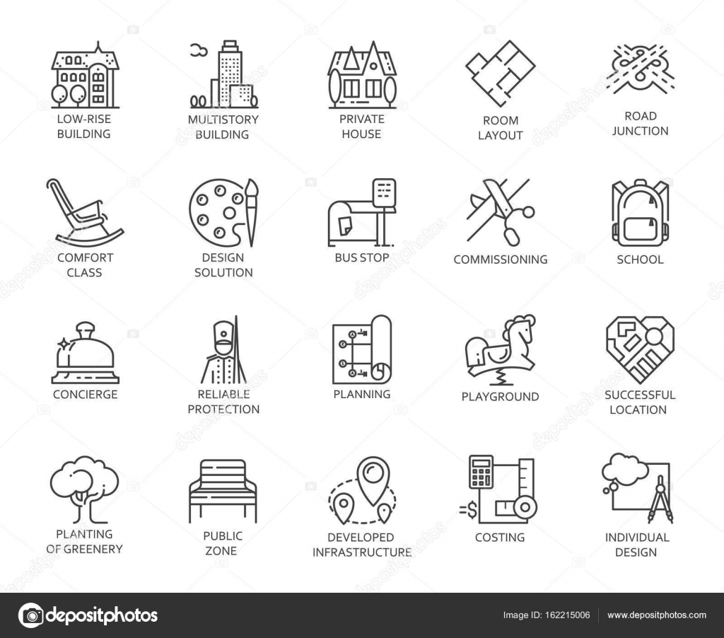 Vector set of 20 linear icons of city infrastructure. Pictogram in ...