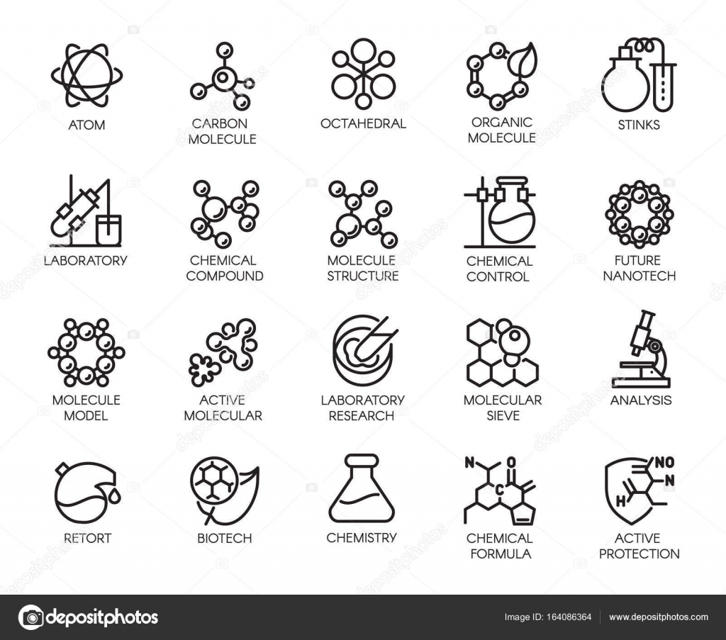 Molecular chemistry, physics and medicine concept icons in linear style ...