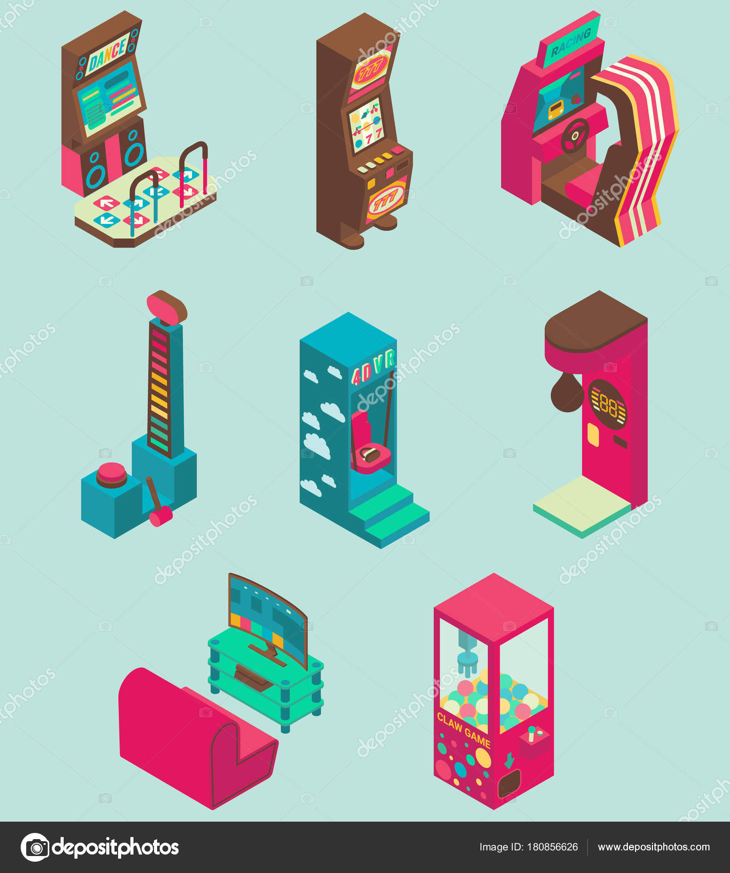 Arcade game machine icon set vector flat isometric illustration Stock ...
