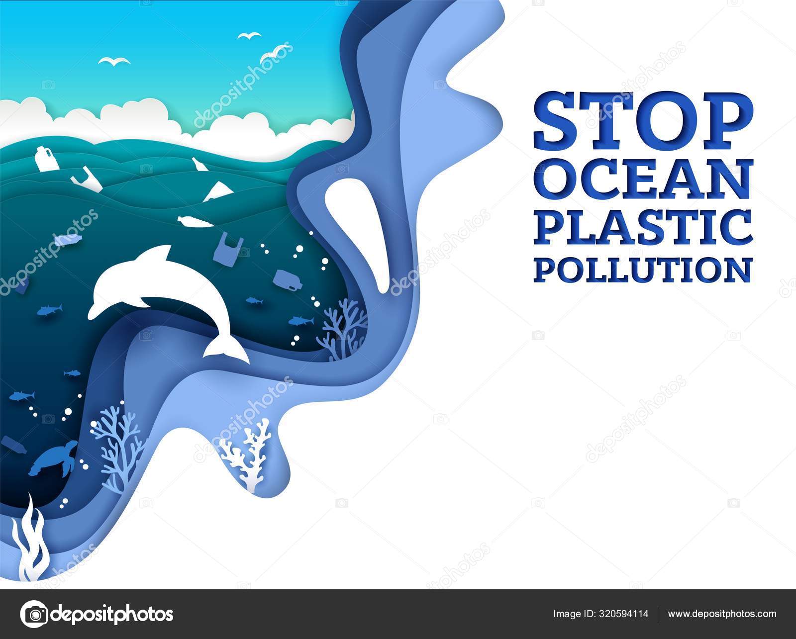 Stop ocean plastic pollution vector paper art poster banner template ...