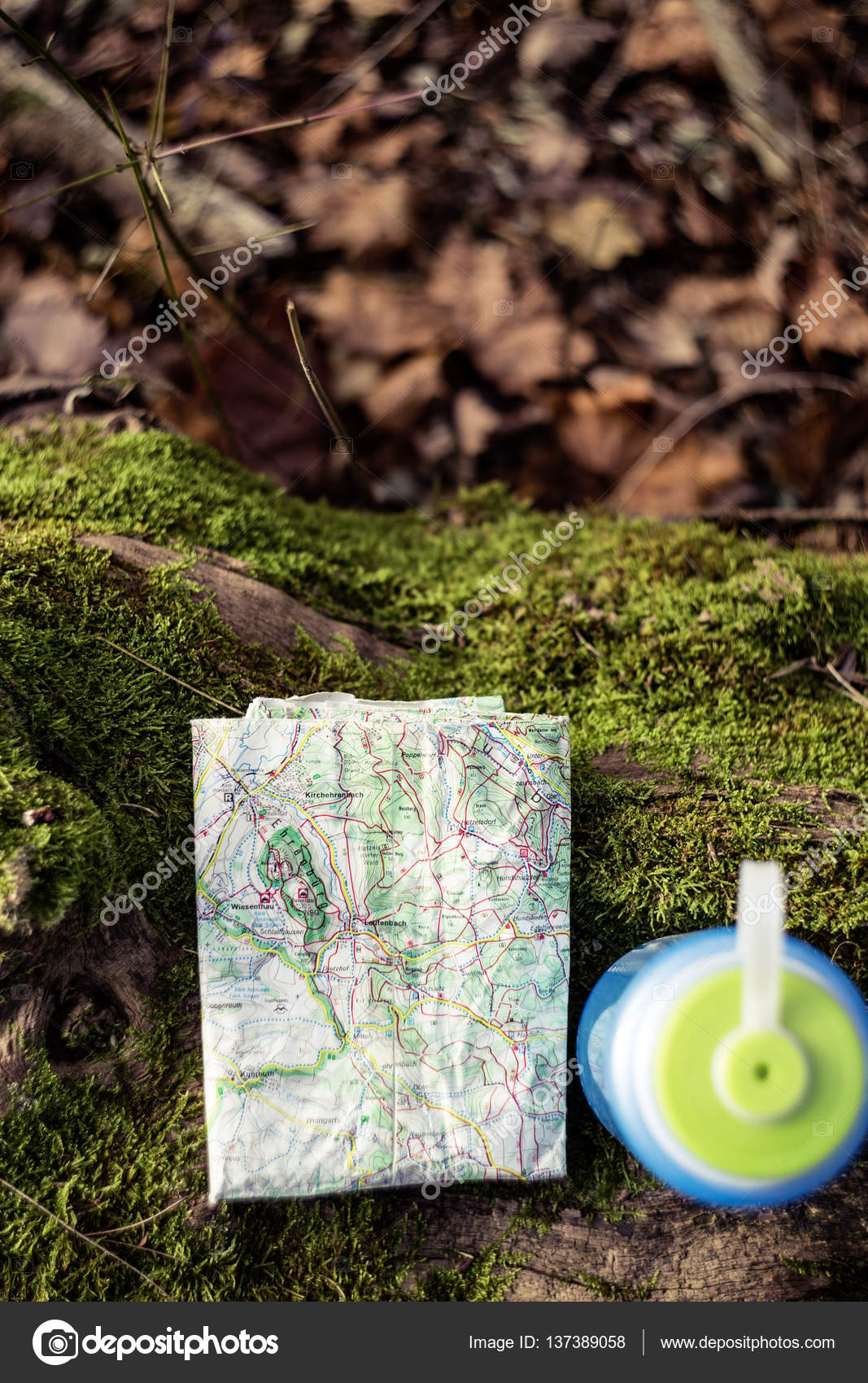 Outdoor hiking map and bottle — Stock Photo © markusspiske #137389058