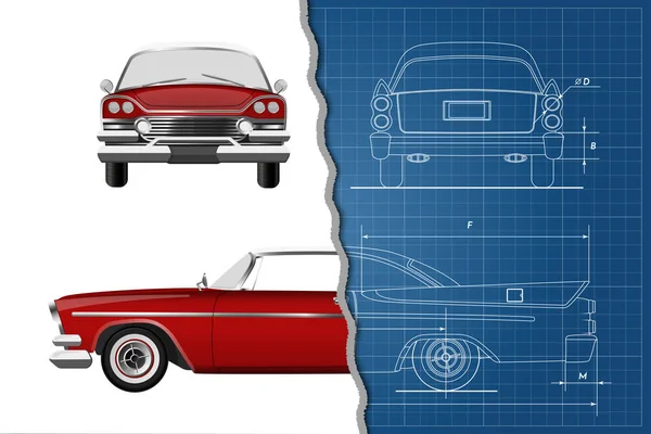 Engineering blueprint of retro car. Vintage cabriolet. Front, side and ...