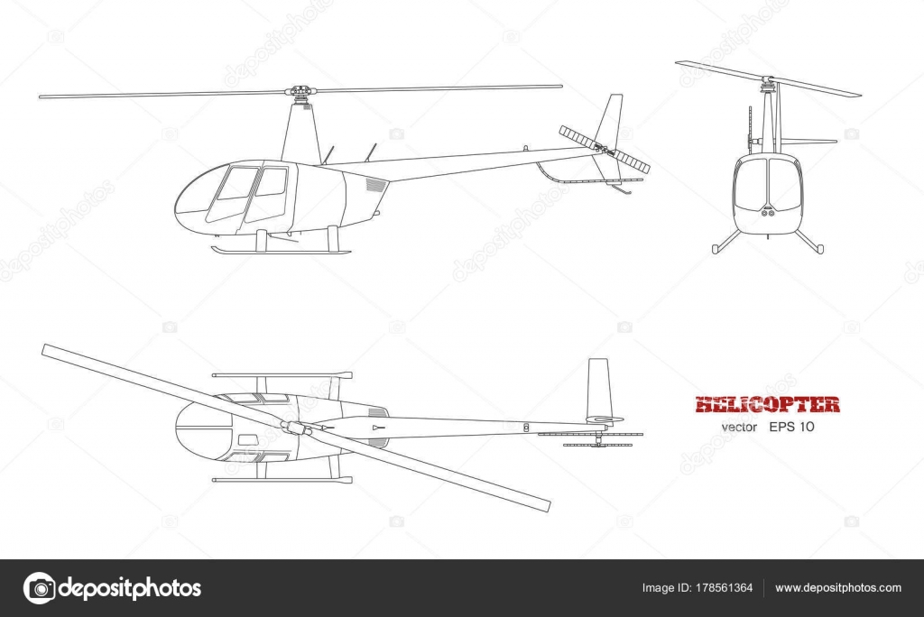 Planta de helicóptero. Vista superior, frontal e lateral. Imagem ...