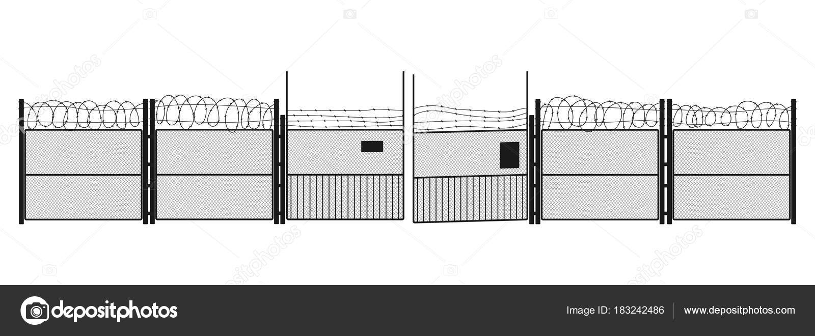 Black silhouette of prison on white background. Gates and steel grid ...