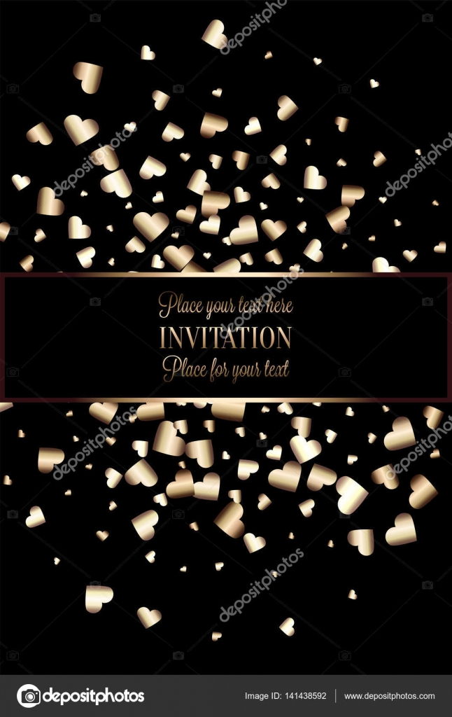 Gold gradient hearts random confetti invitation card template. Shiny ...