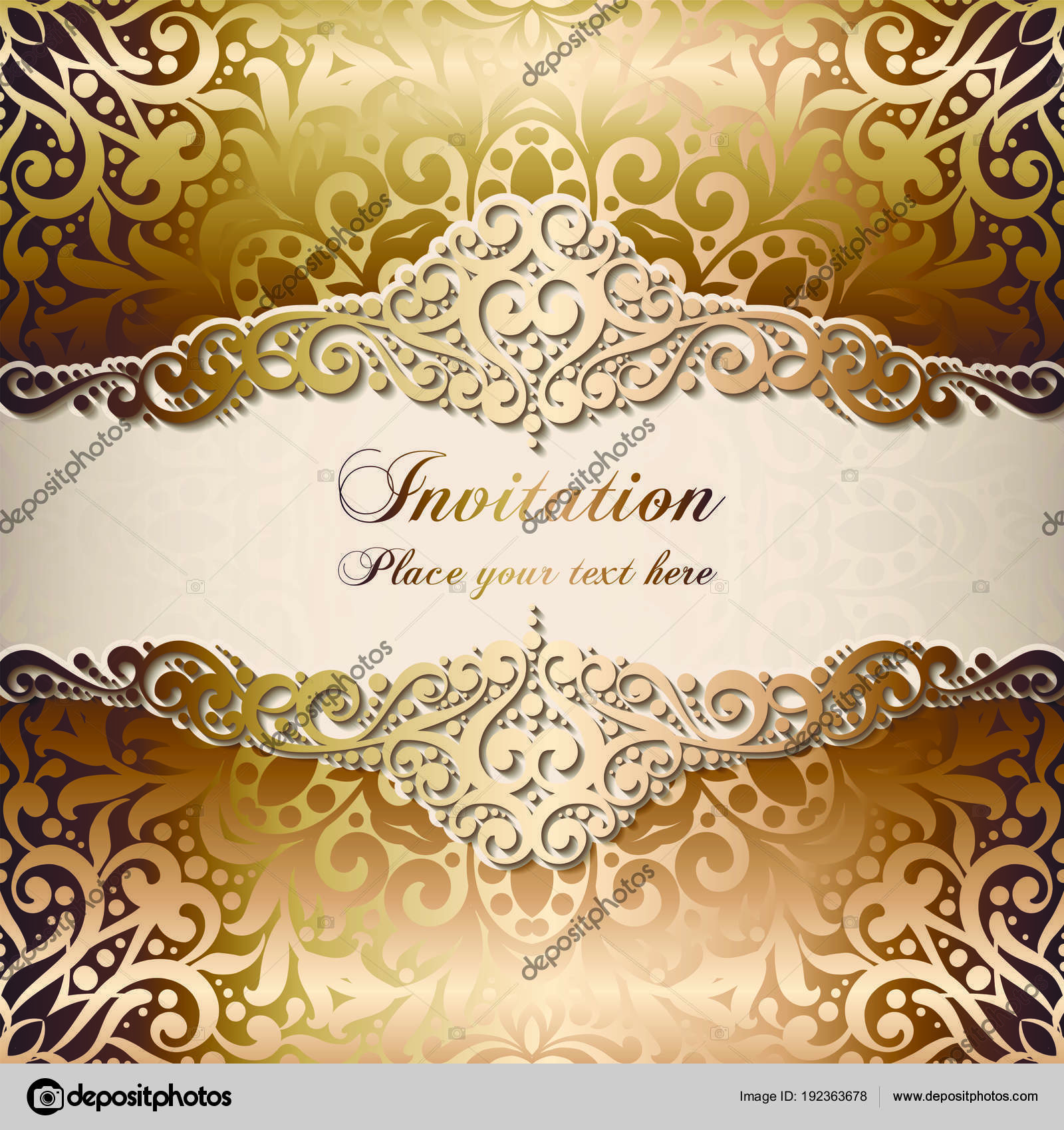 Gold Wedding Invitation Card Template Design Damask Pattern Silky ...