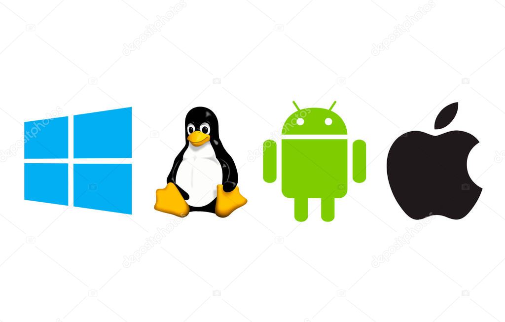 set of top brand operating system Microsoft, Linux, Android, Apple symbols, printed on white ...