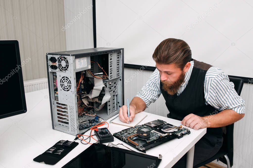 Programmer inventorying of electronic equipment Stock Photo by ...