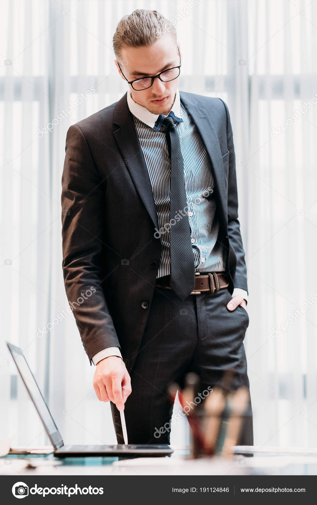 Business man thinking office workspace corporate Stock Photo by ...