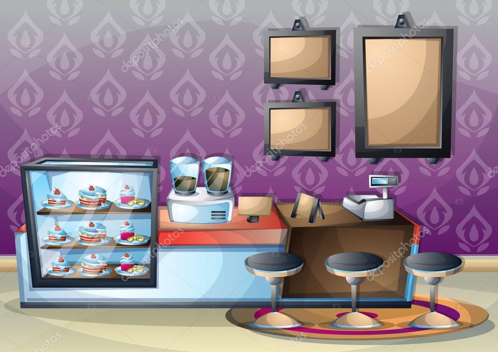 Dibujos animados vector ilustración interior cafetería habitación con ...