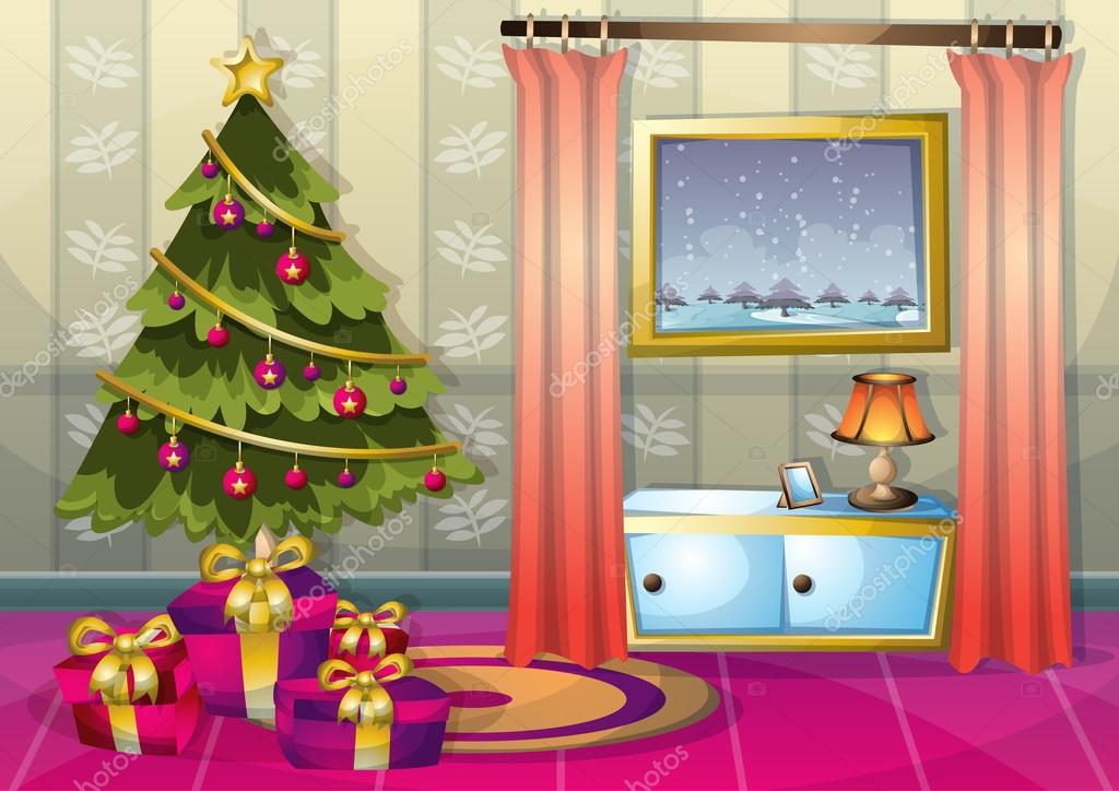 Cartoon vector illustration interior Christmas room with separated ...