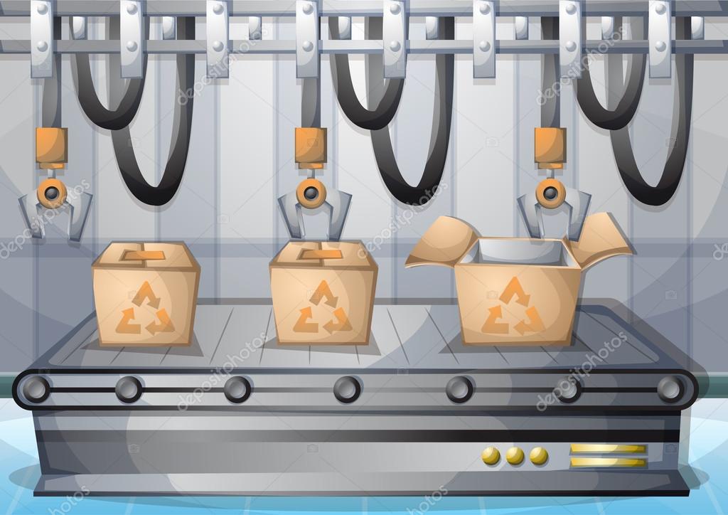 Ilustración vectorial de dibujos animados sala de fábrica interior con ...