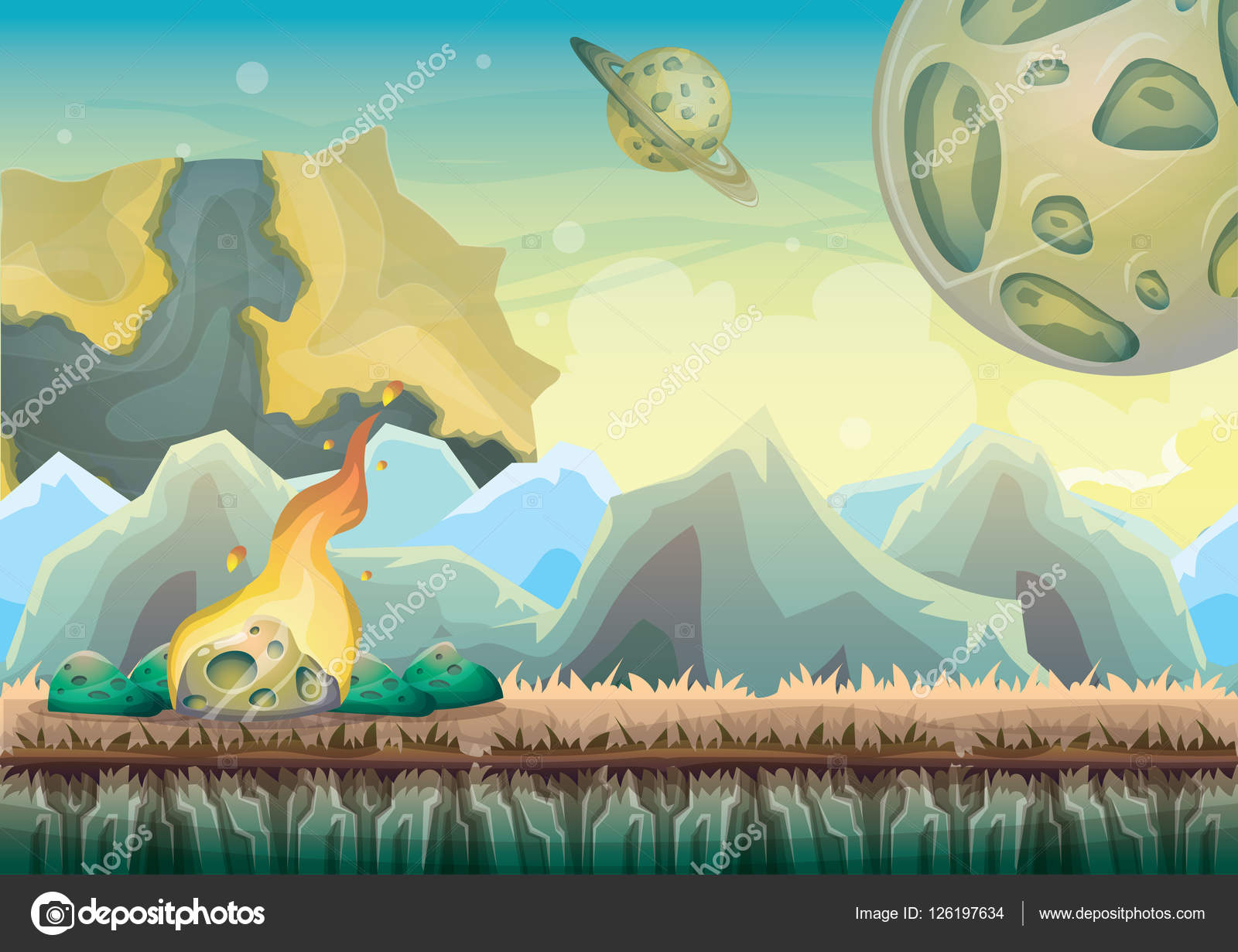 Cartoon vector landscape with meteor background with separated layers ...