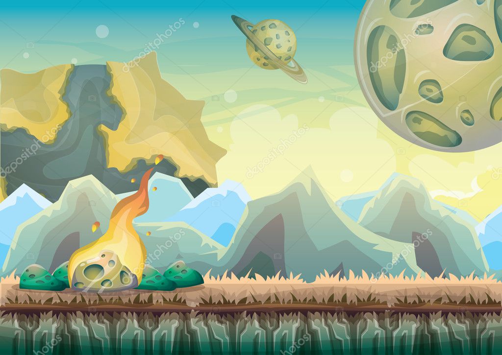 Cartoon vector landscape with meteor background with separated layers ...