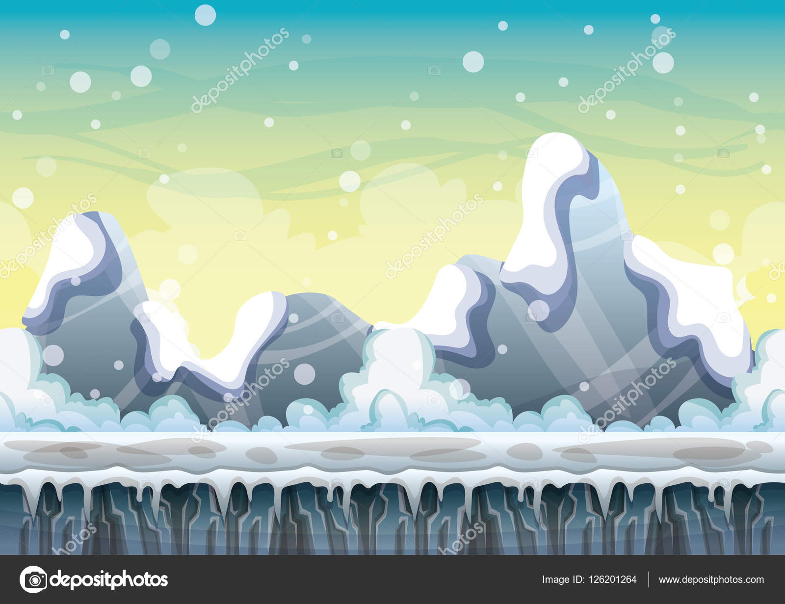 Cartoon vector snow landscape background with separated layers for game ...