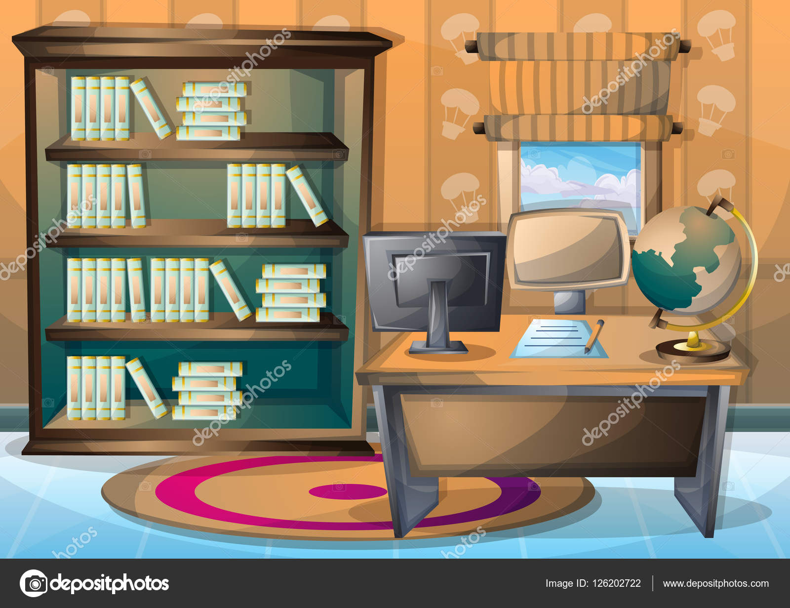 Cartoon vector illustration interior library room with separated layers ...