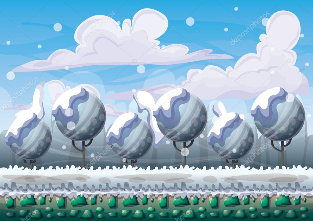 Cartoon vector snow landscape background with separated layers for game ...