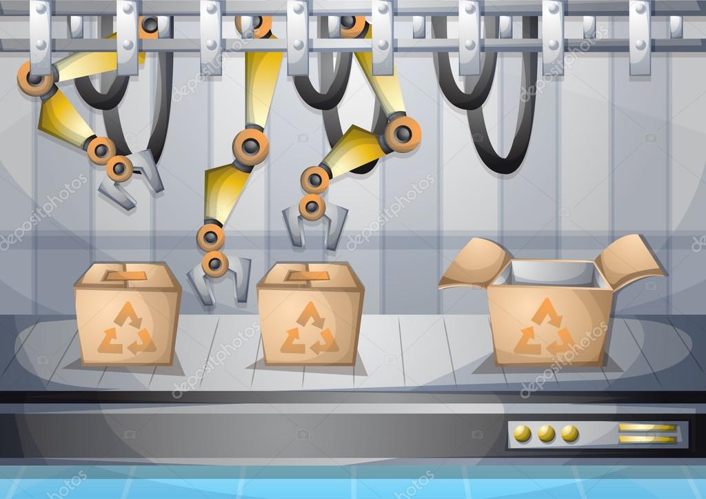 Cartoon vector illustration interior factory room with separated layers ...